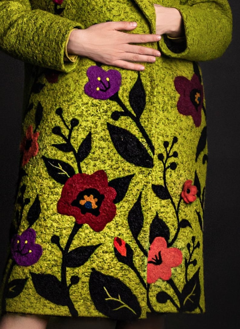 Handmade Floral Embroidered Wool Coat, Oversized Green Jacket - Etsy