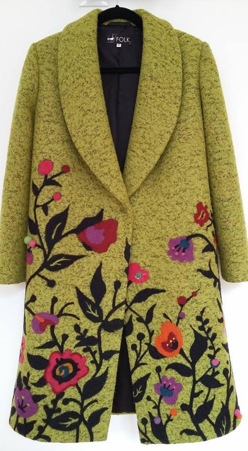Handmade Floral Embroidered Wool Coat, Oversized Green Jacket - Etsy