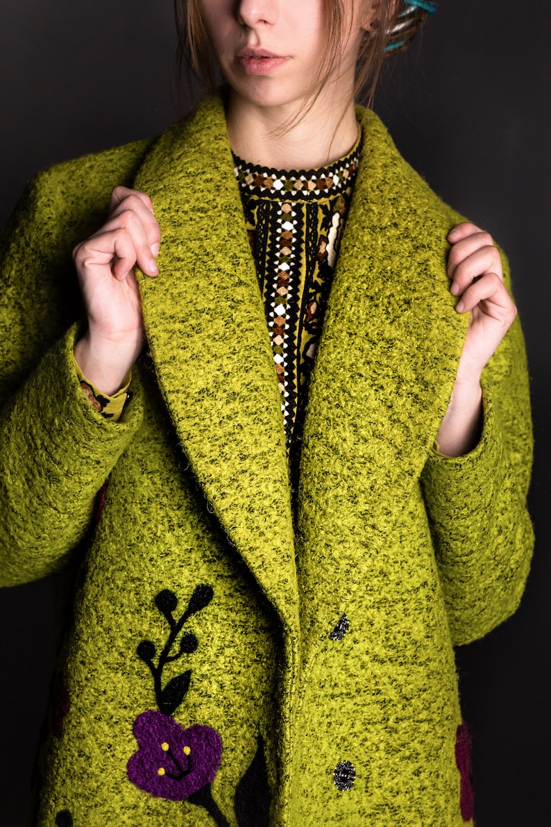 Handmade Floral Embroidered Wool Coat, Oversized Green Jacket - Etsy