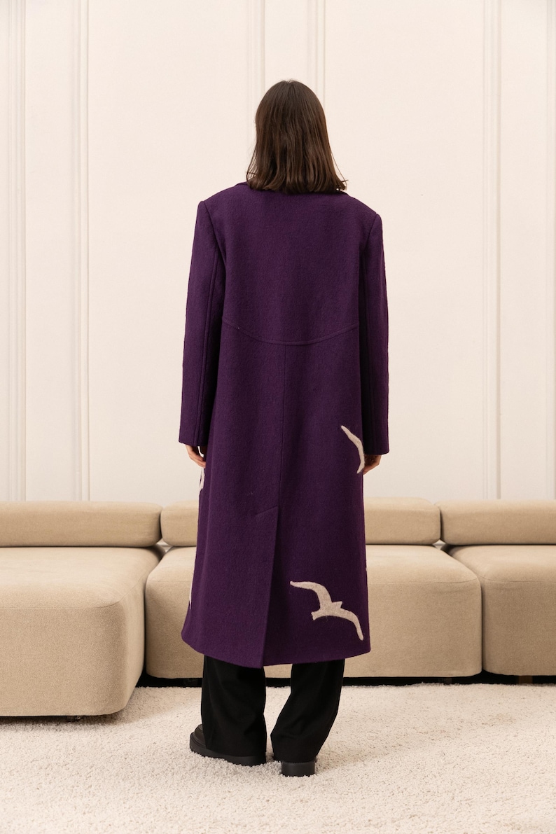 Purple Wool Coat With Hand-embroidered Birds, Custom Double-breasted ...