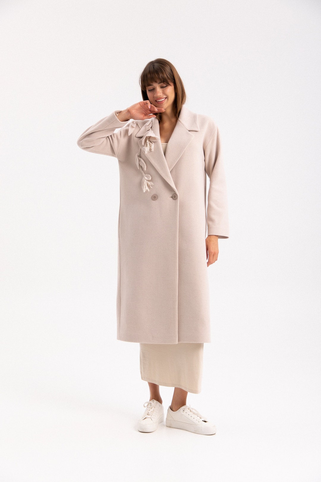 Hand Embroidered Wool Coat, Bridal Beige Trench Coat - Etsy