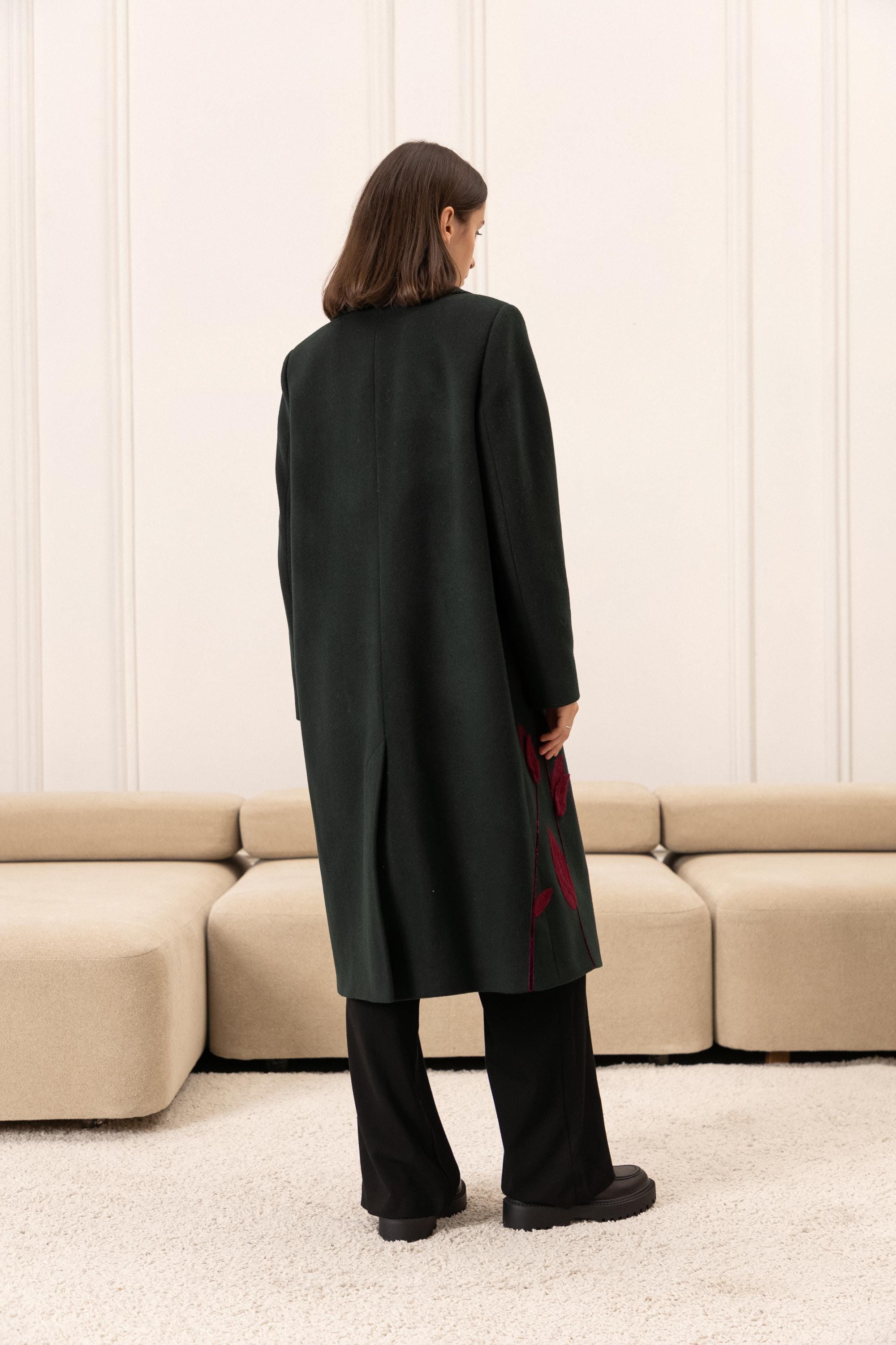 Winter Green Wool Coat, Rose Embroidery, Plus Size Floral Trench - Etsy