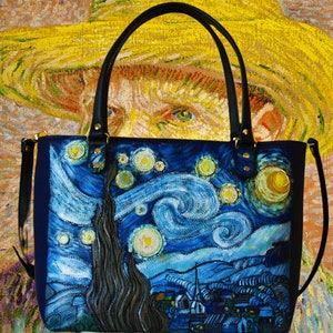 Leather Bag Van Gogh, Hand Painted Leather Bag, Applique Leather Purse ...