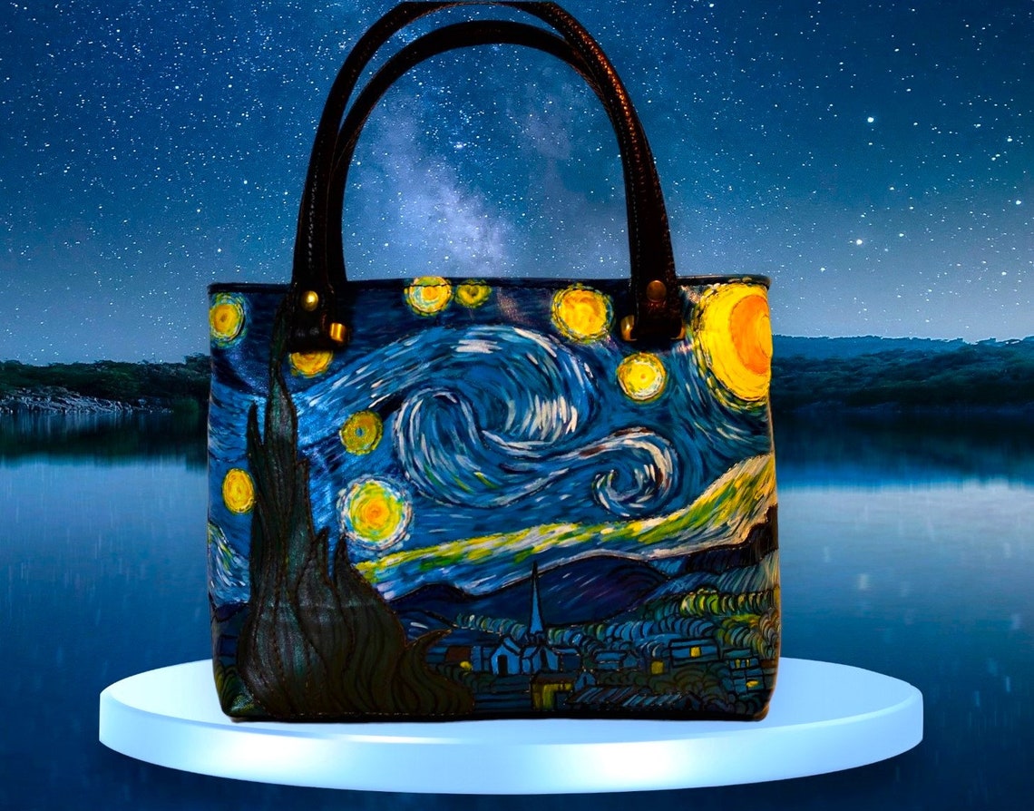 Leather Bag Van Gogh, Hand Painted Leather Bag, Applique Leather Purse ...