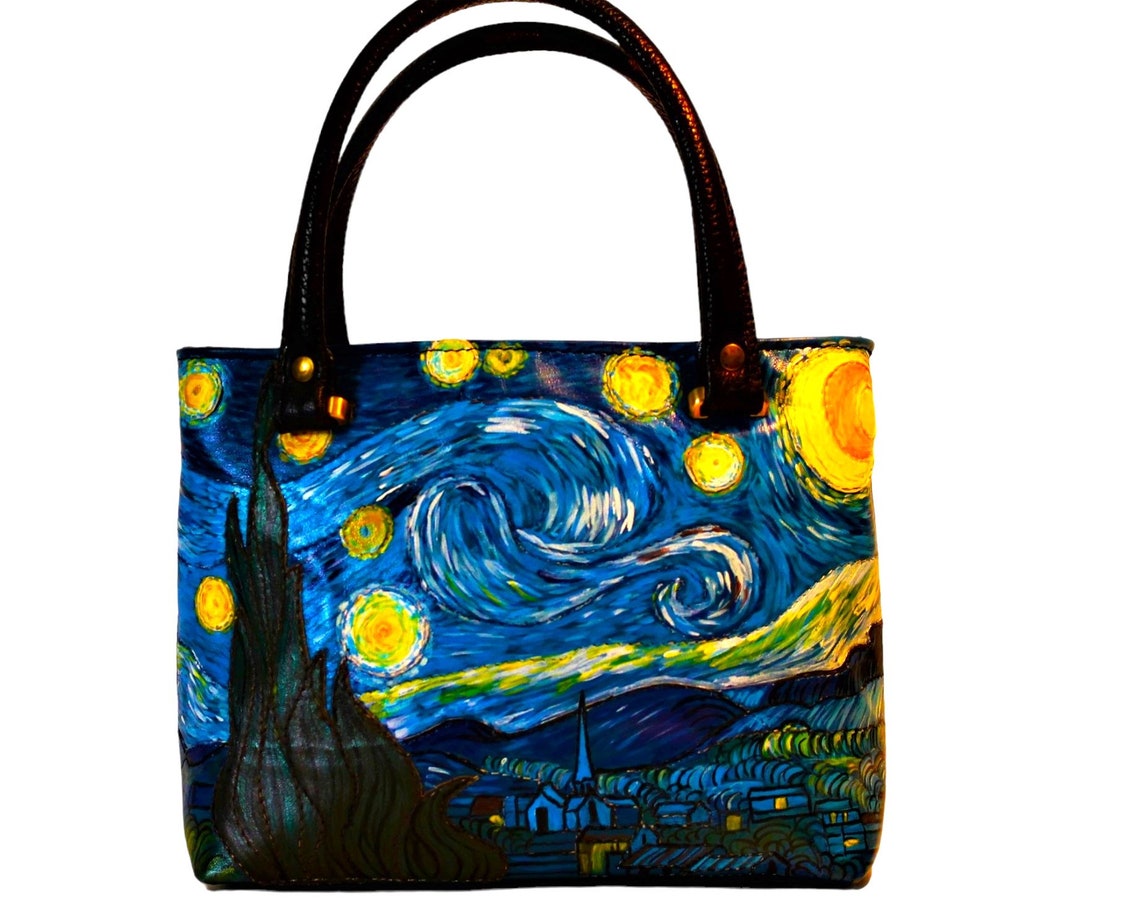 Leather Bag Van Gogh, Hand Painted Leather Bag, Applique Leather Purse ...