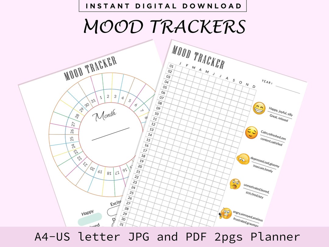 Printable Mood Tracker, Monthly Yearly Mood Chart, Bullet Journal, Mood ...