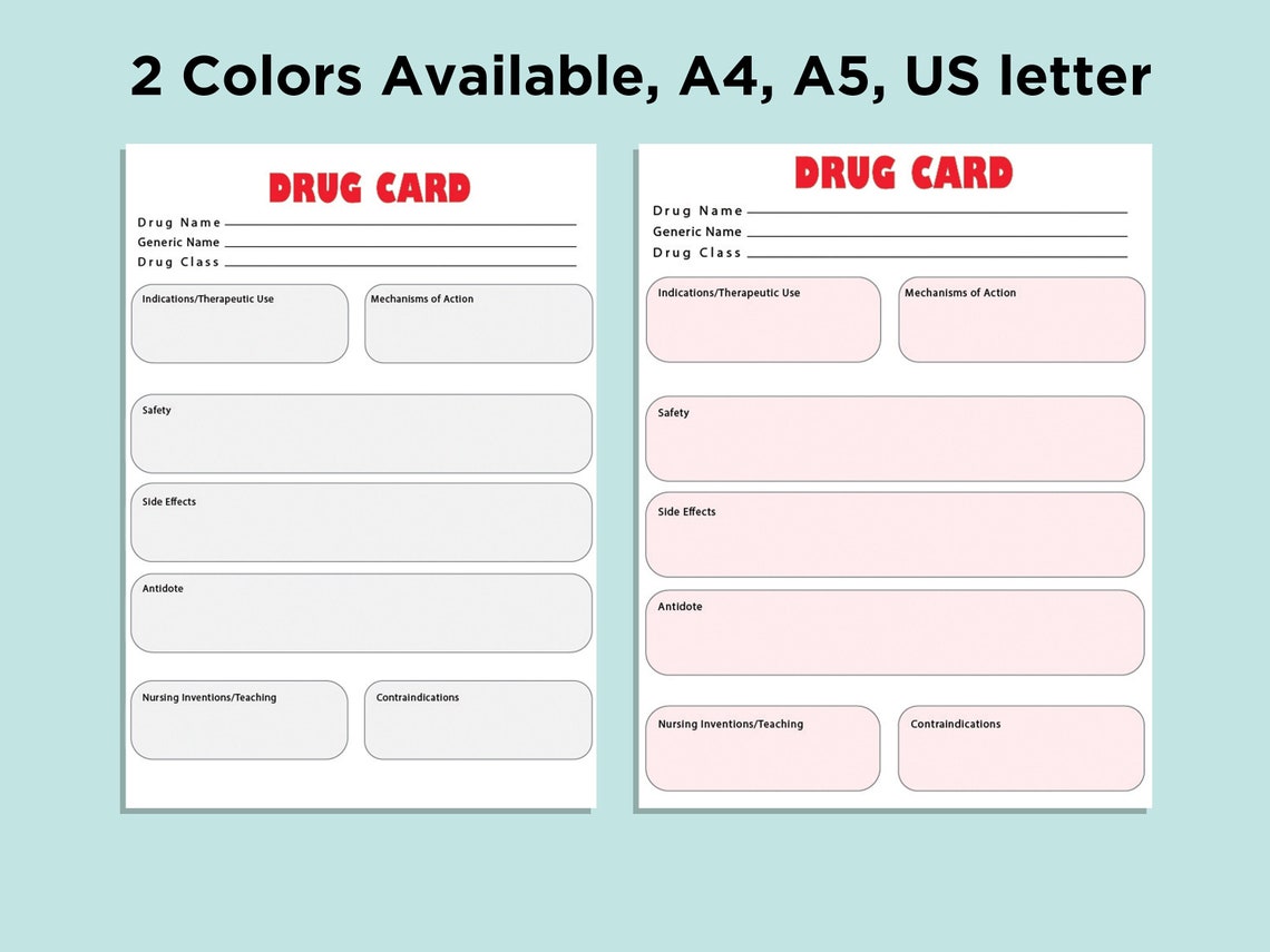 Drug Card Template, Pharmacology Concept Map for Nurses, A4, A5, US ...