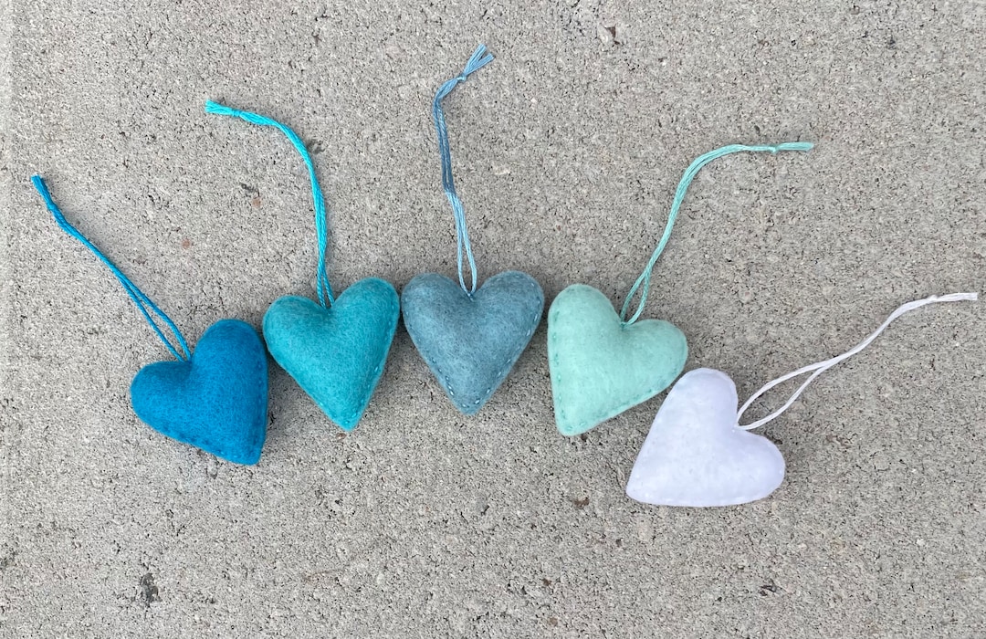 Blue Green Felt Heart Ornament Set of 5 Turquoise Aqua Ocean Mint White ...