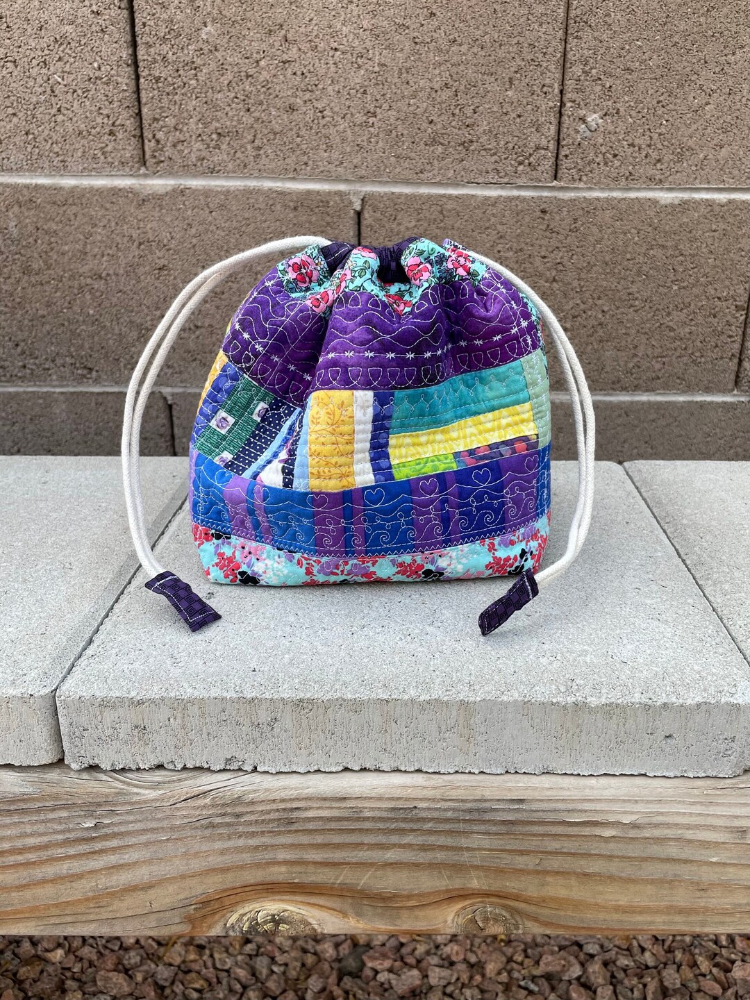 Quilted Drawstring Bag Crumb Style Improv Patchwork Scrappy - Etsy