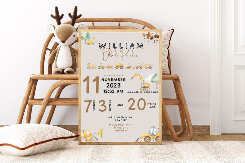 Printable Birth Stats Sign Construction Theme Birth Announcement Dump ...