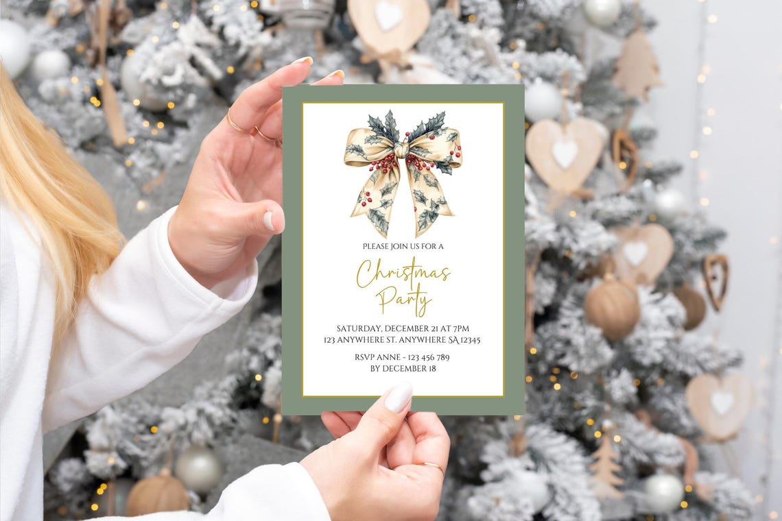 Minimalist Christmas Party Invitation - Bow Accents - Editable Canva ...
