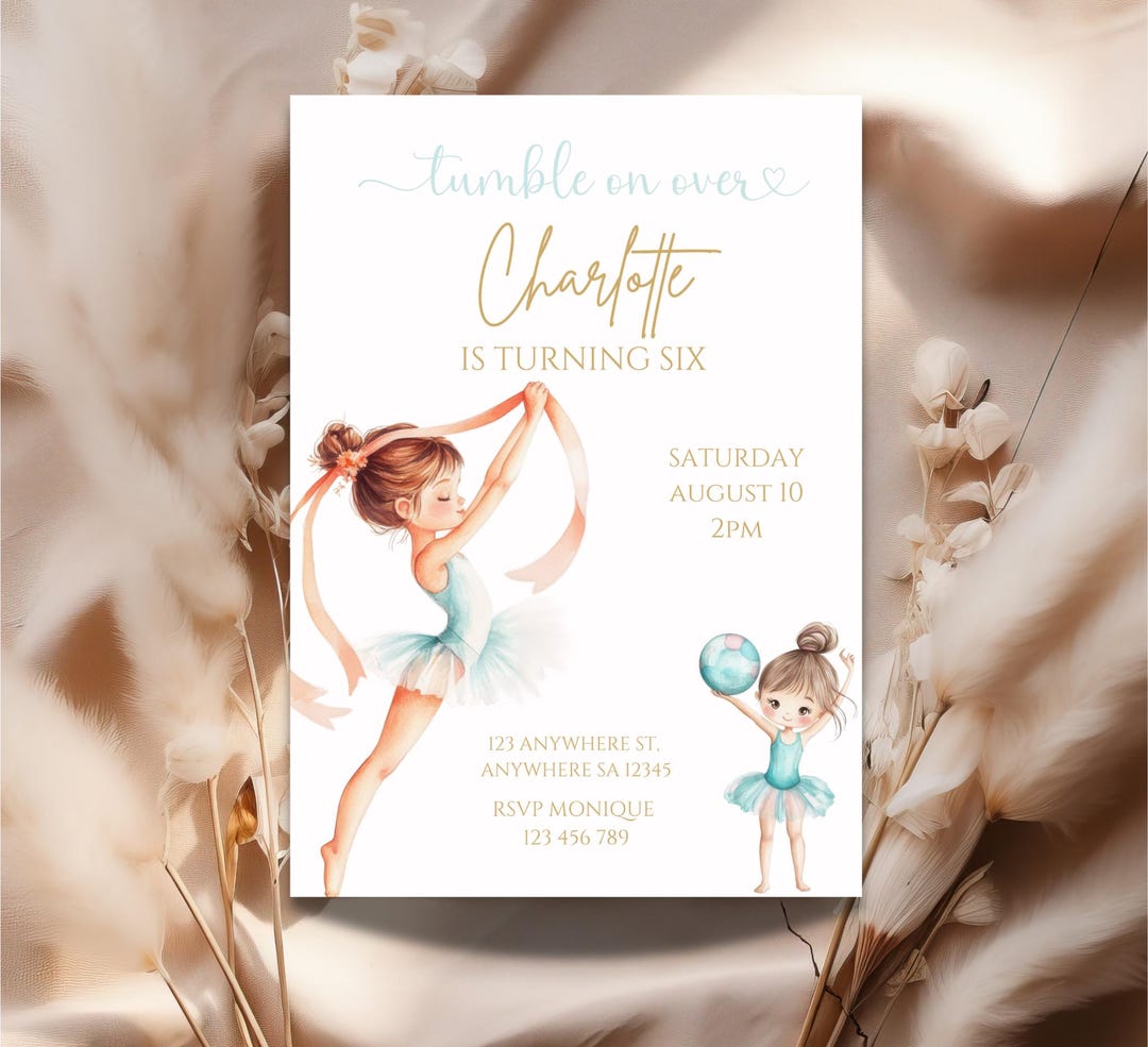 Girl Party Editable Template | Tumbling Jump | Gymnastics Party Invite ...