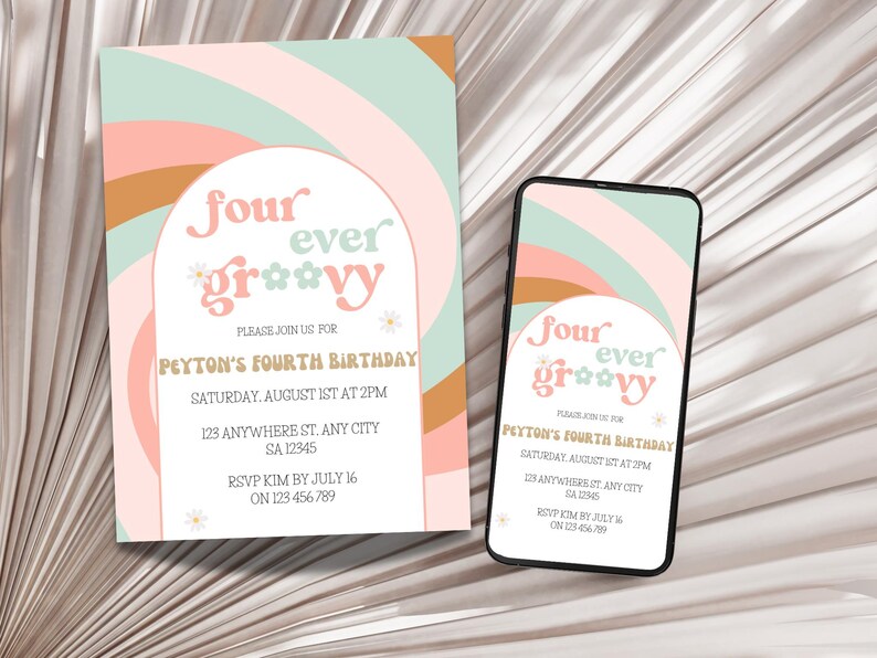 Editable Four Ever Groovy Birthday Invitation Rainbow Fourth Birthday ...