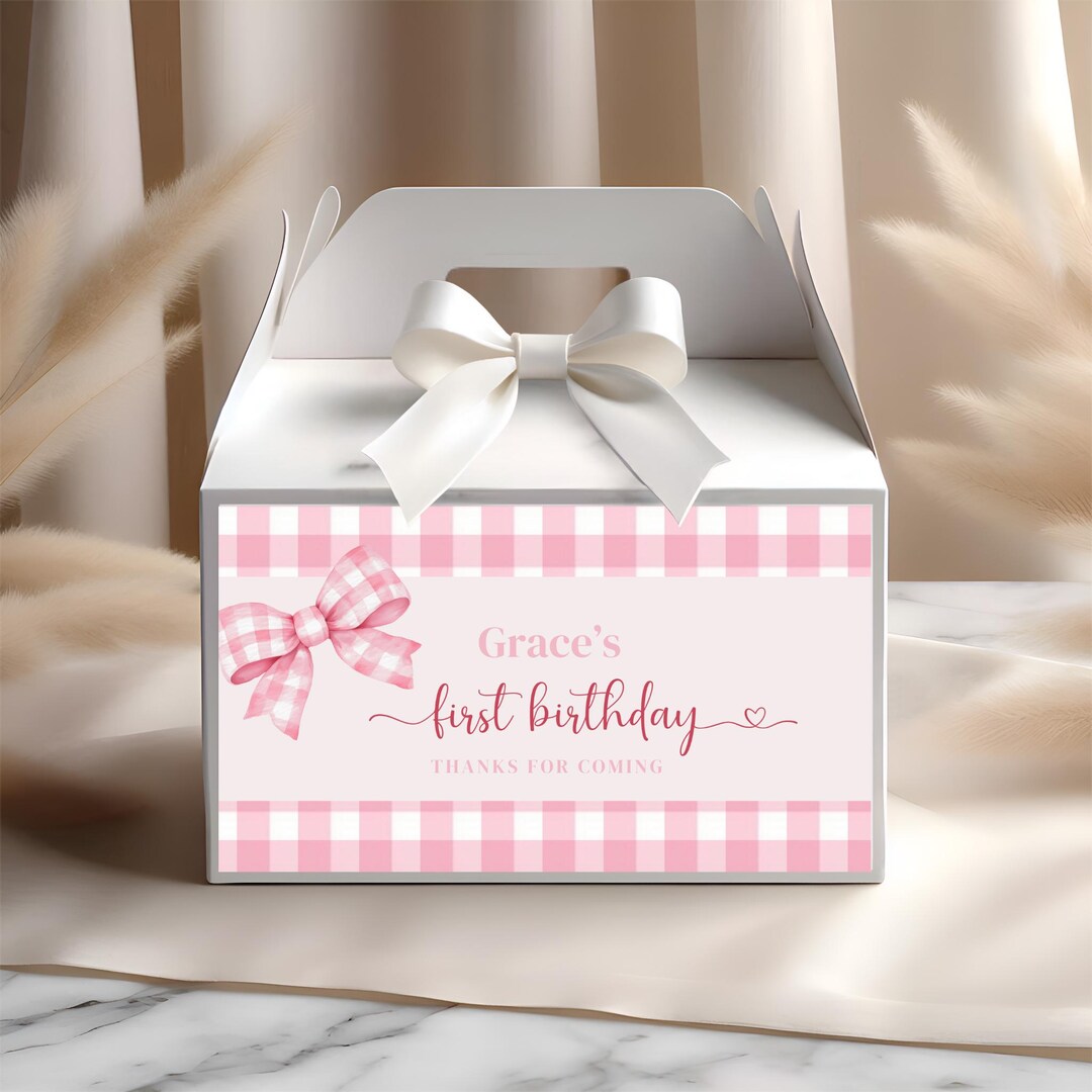 Editable Pink Bow Gable Box Label Template, Girl First Birthday Box ...