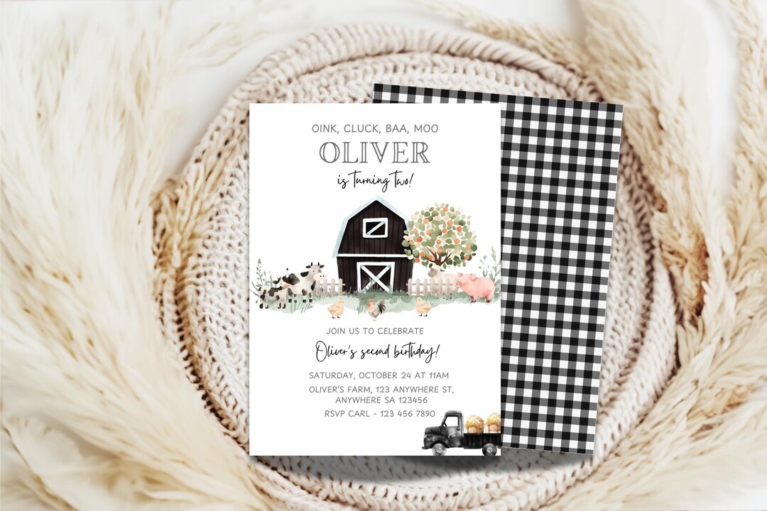 Farm Animals Birthday Invitation | Boy 2nd Birthday Invite | Boy Second ...