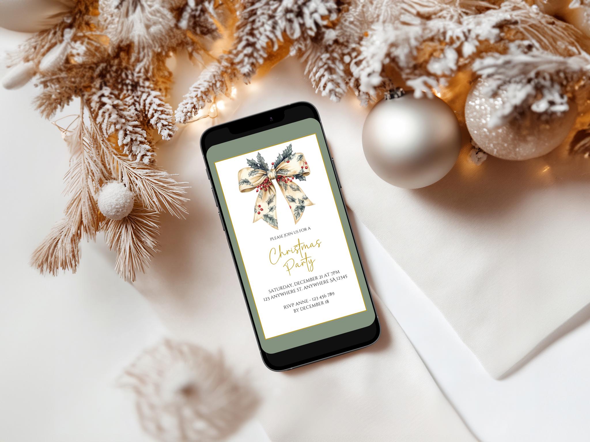 Minimalist Christmas Party Invitation - Bow Accents - Editable Canva ...