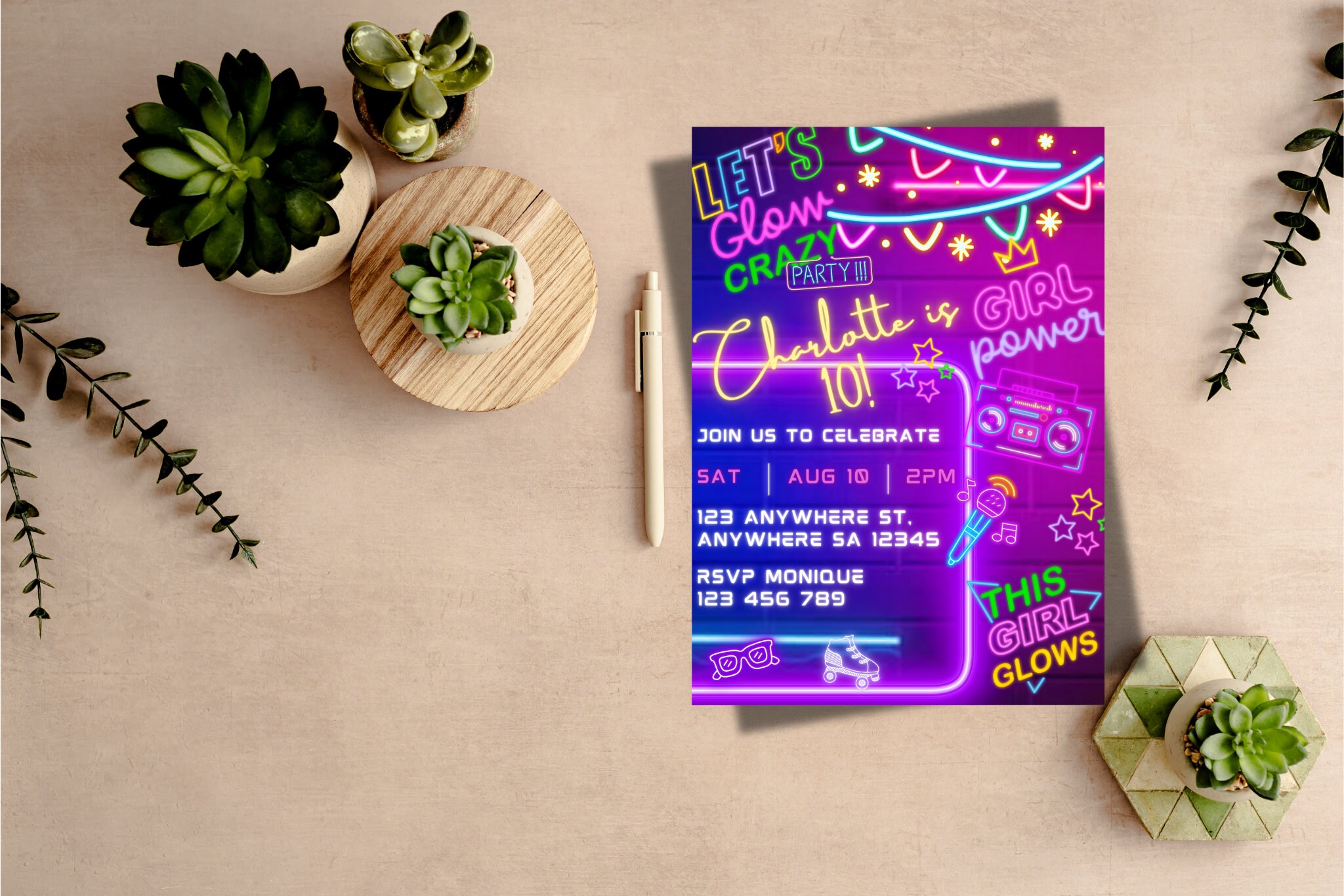 Neon 10th Birthday Invitation: Glow Party, Girl Power (digital Download ...