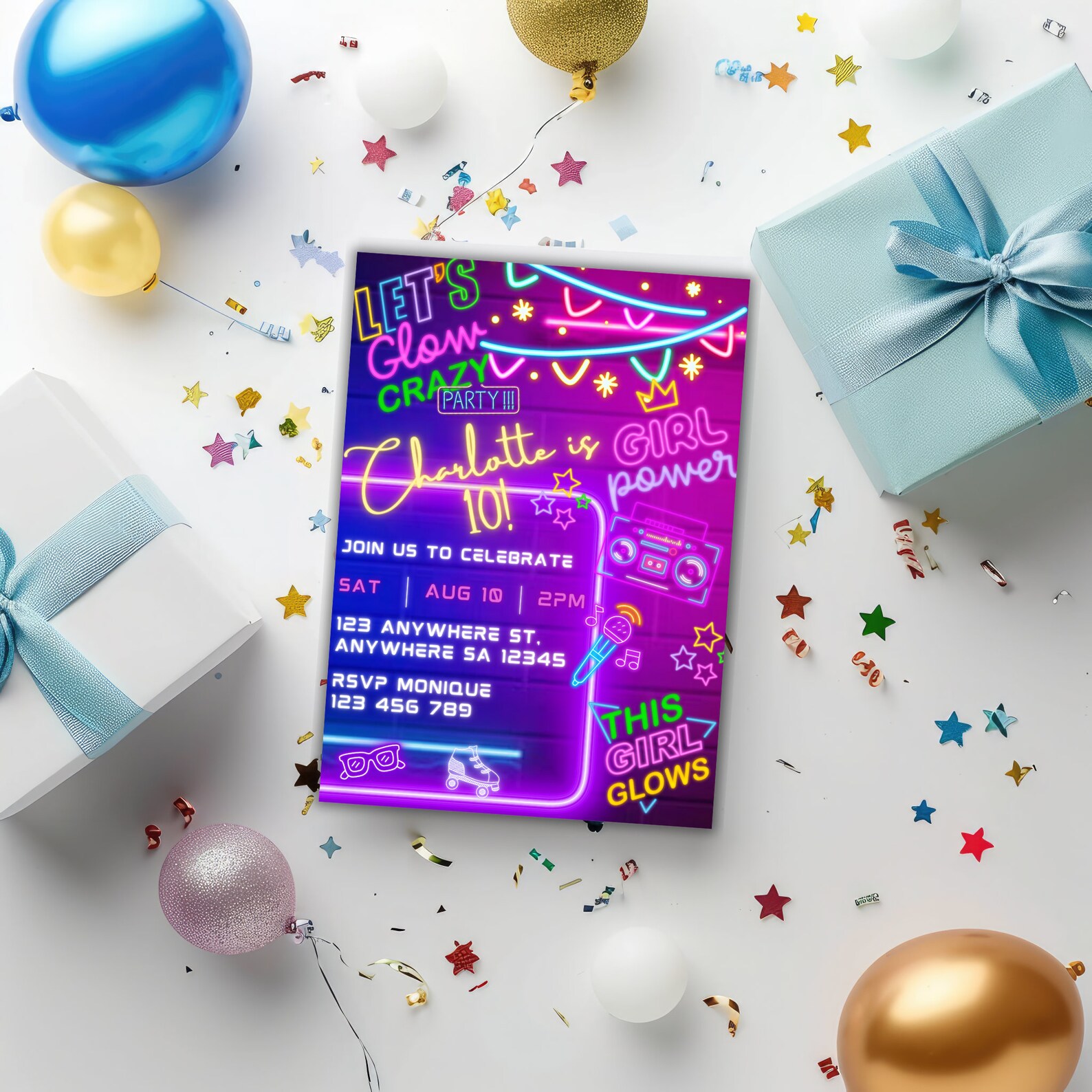 Neon 10th Birthday Invitation: Glow Party, Girl Power (digital Download ...