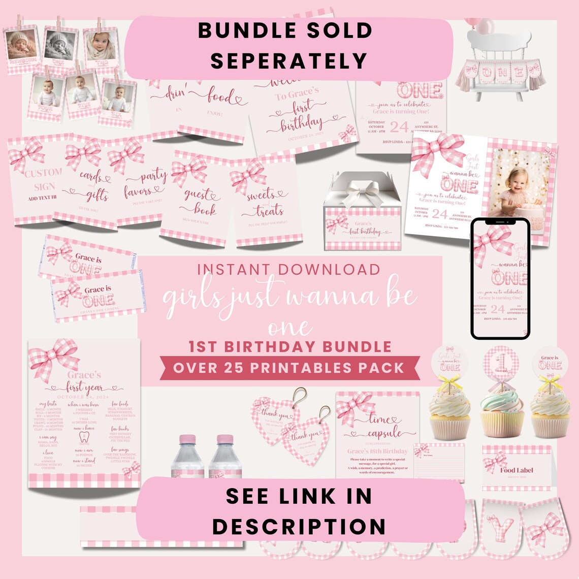 Pink Bow First Birthday Photo Banner: 12 Month Cards (editable Canva ...