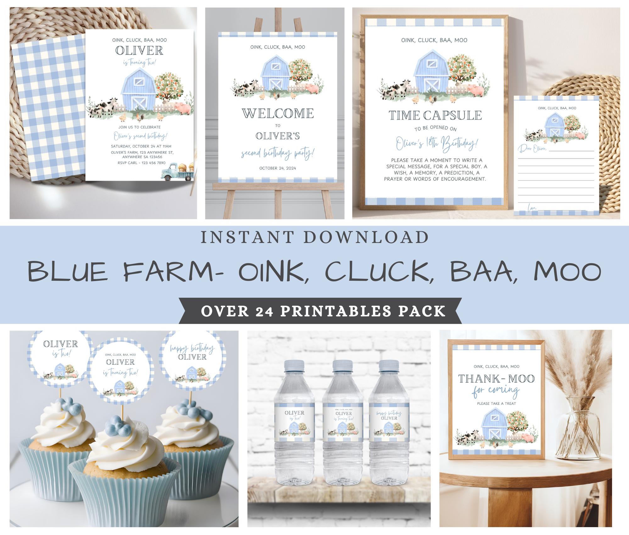 Farm Animals Blue Barn Birthday Invitation Bundle, Editable Farm ...