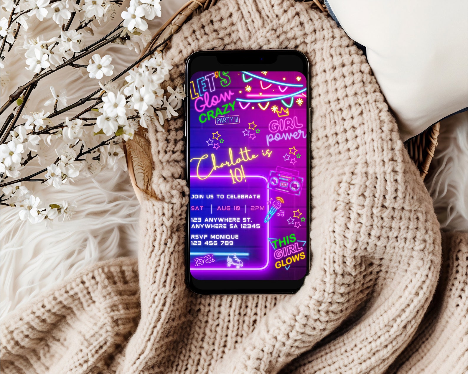Neon 10th Birthday Invitation: Glow Party, Girl Power (digital Download ...