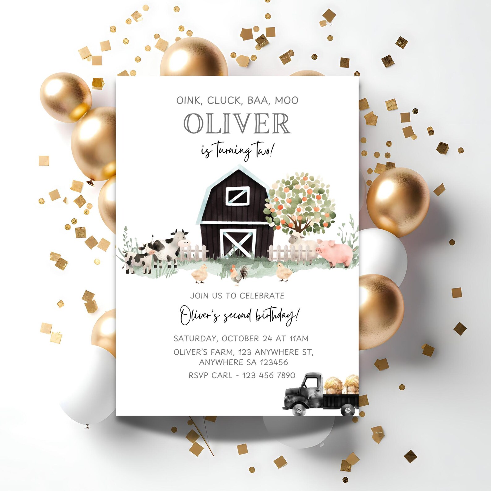 Farm Animals Birthday Invitation | Boy 2nd Birthday Invite | Boy Second ...