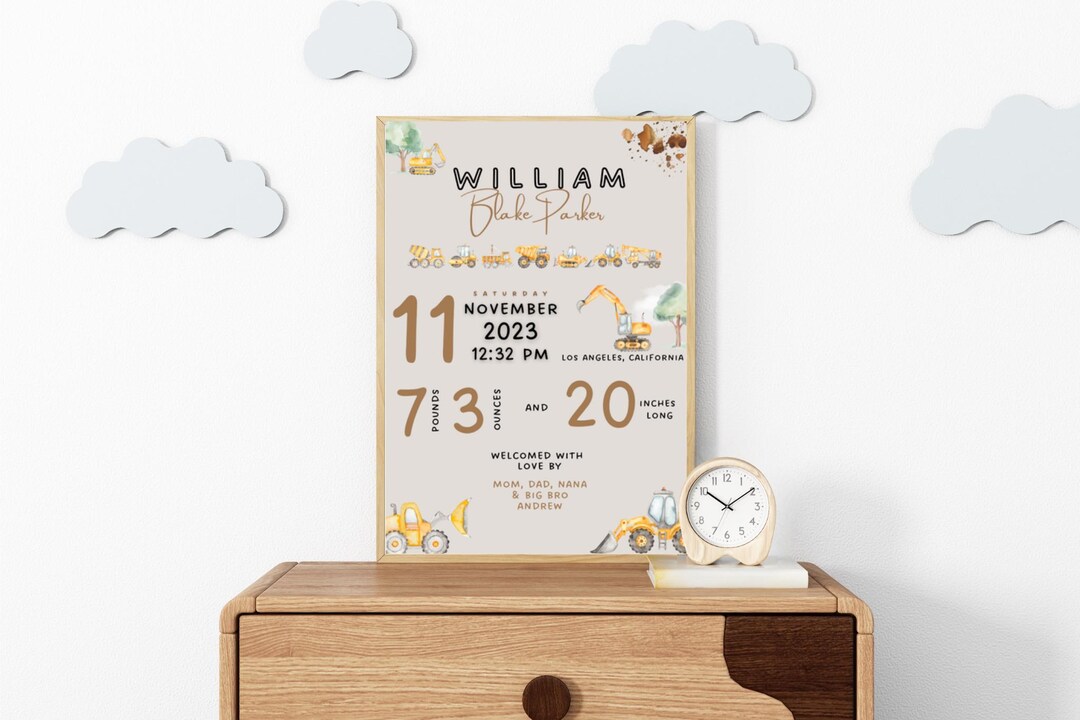 Printable Birth Stats Sign Construction Theme Birth Announcement Dump ...