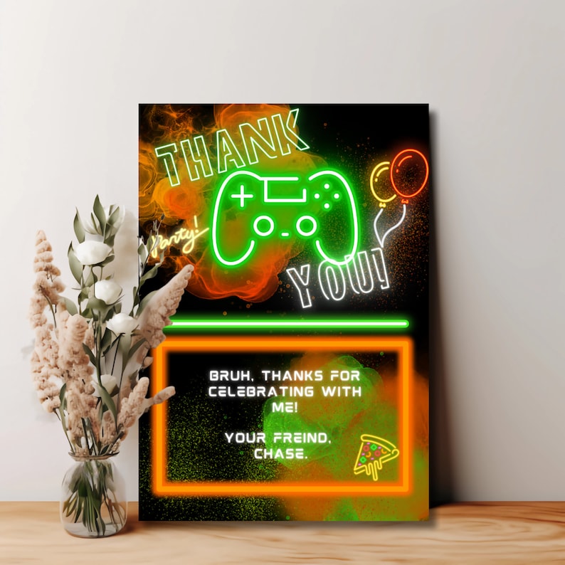 Neon Gamer Thank You Card: Editable Party Favor (digital Download) - Etsy