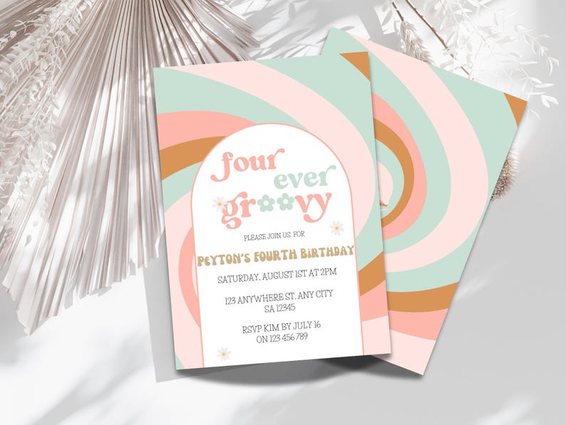 Editable Four Ever Groovy Birthday Invitation Rainbow Fourth Birthday ...