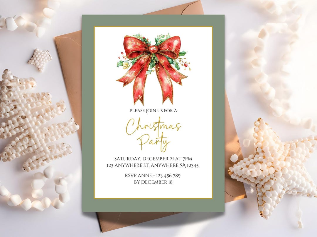 Minimalist Christmas Party Invitation - Bow Accents - Editable Canva ...