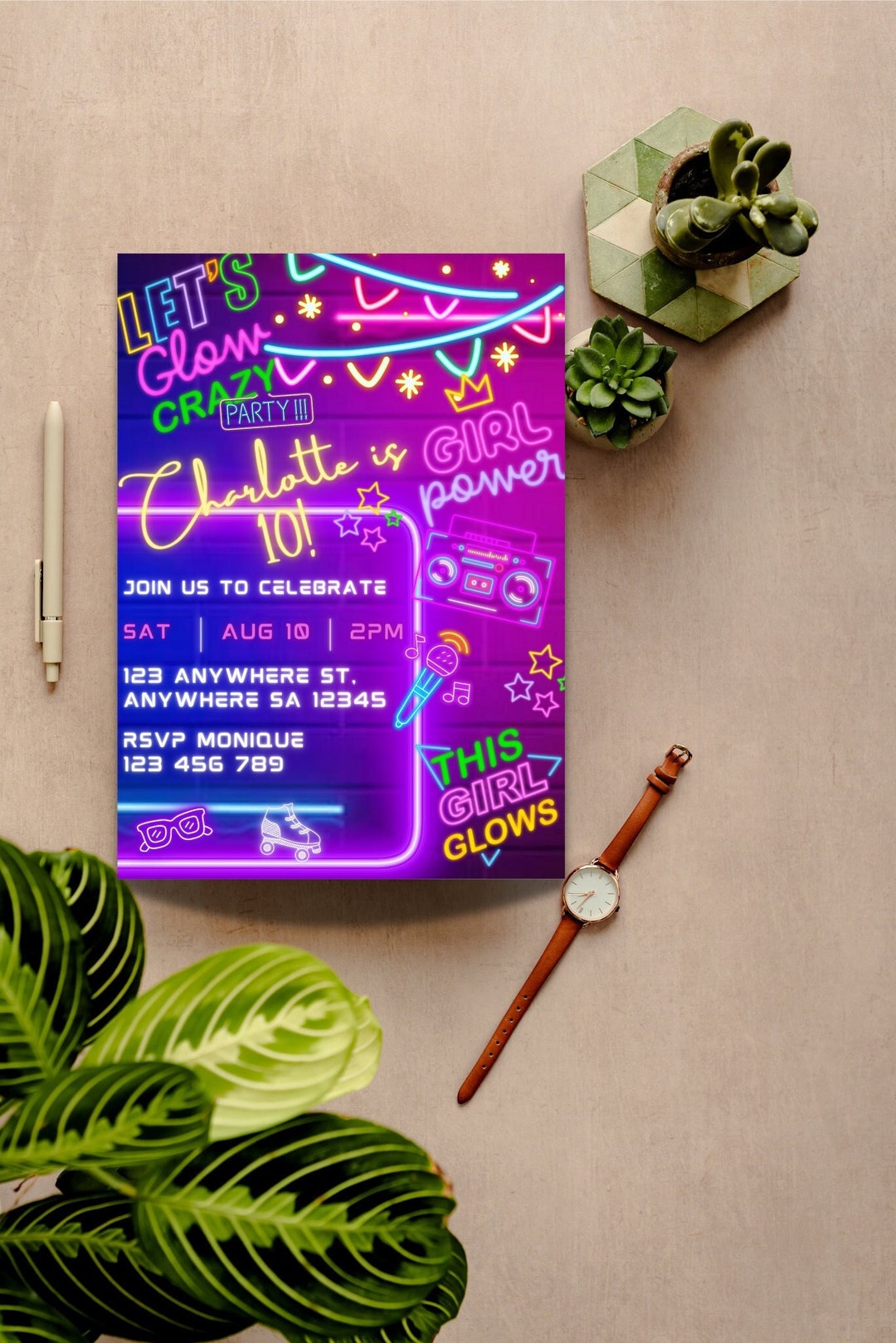 Neon 10th Birthday Invitation: Glow Party, Girl Power (digital Download ...