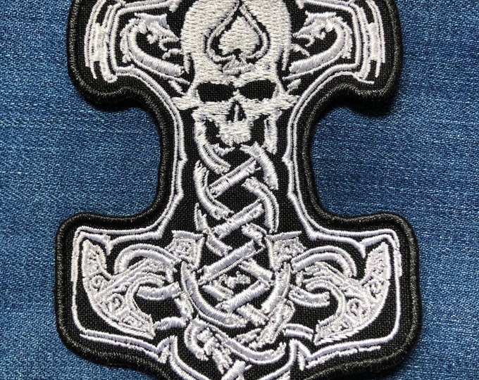 Thor’s Hammer Skull Embroidered Patch Mjolnir Thunder God Viking Norse ...