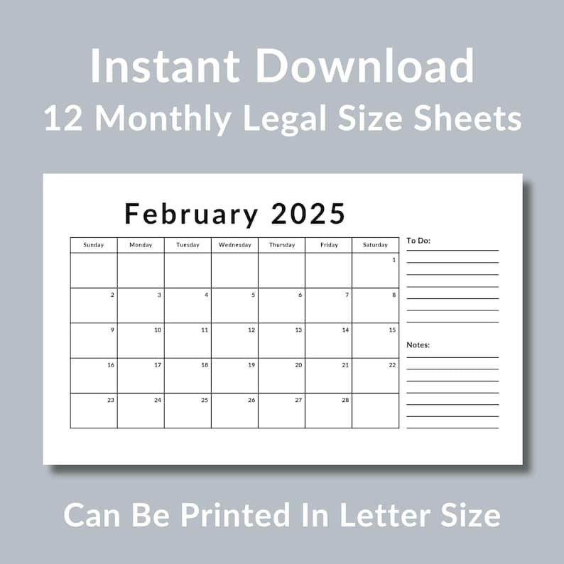 2025 Printable Calendar: Legal Size Monthly Planner (digital Download ...