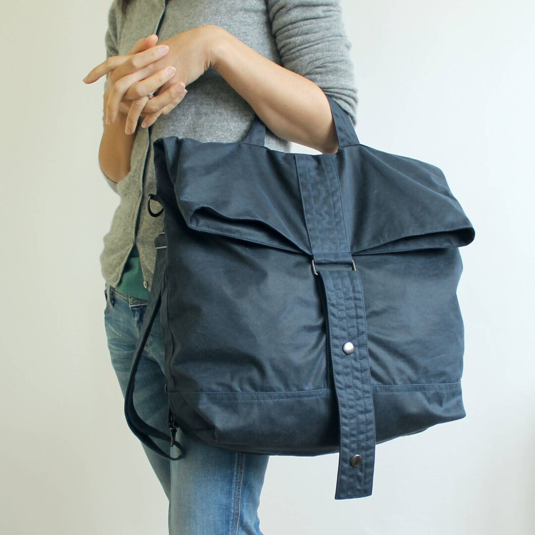 Versatile Backpack in Navy Waxed Canvas, Blue Minimal Vegan Rucksack ...