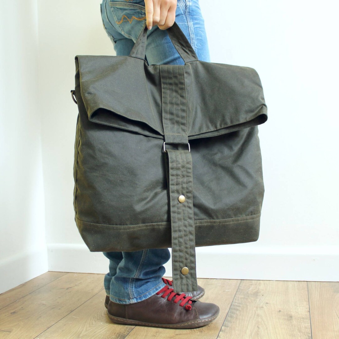 Olive Waxed Canvas Multi Way Backpack, Green Cotton Crossbody Messenger ...