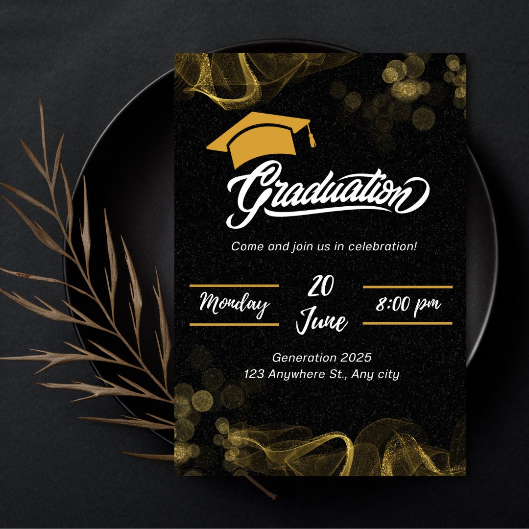 Invitation for Graduation, Graduation, Prom, Black Invitation, Gold ...