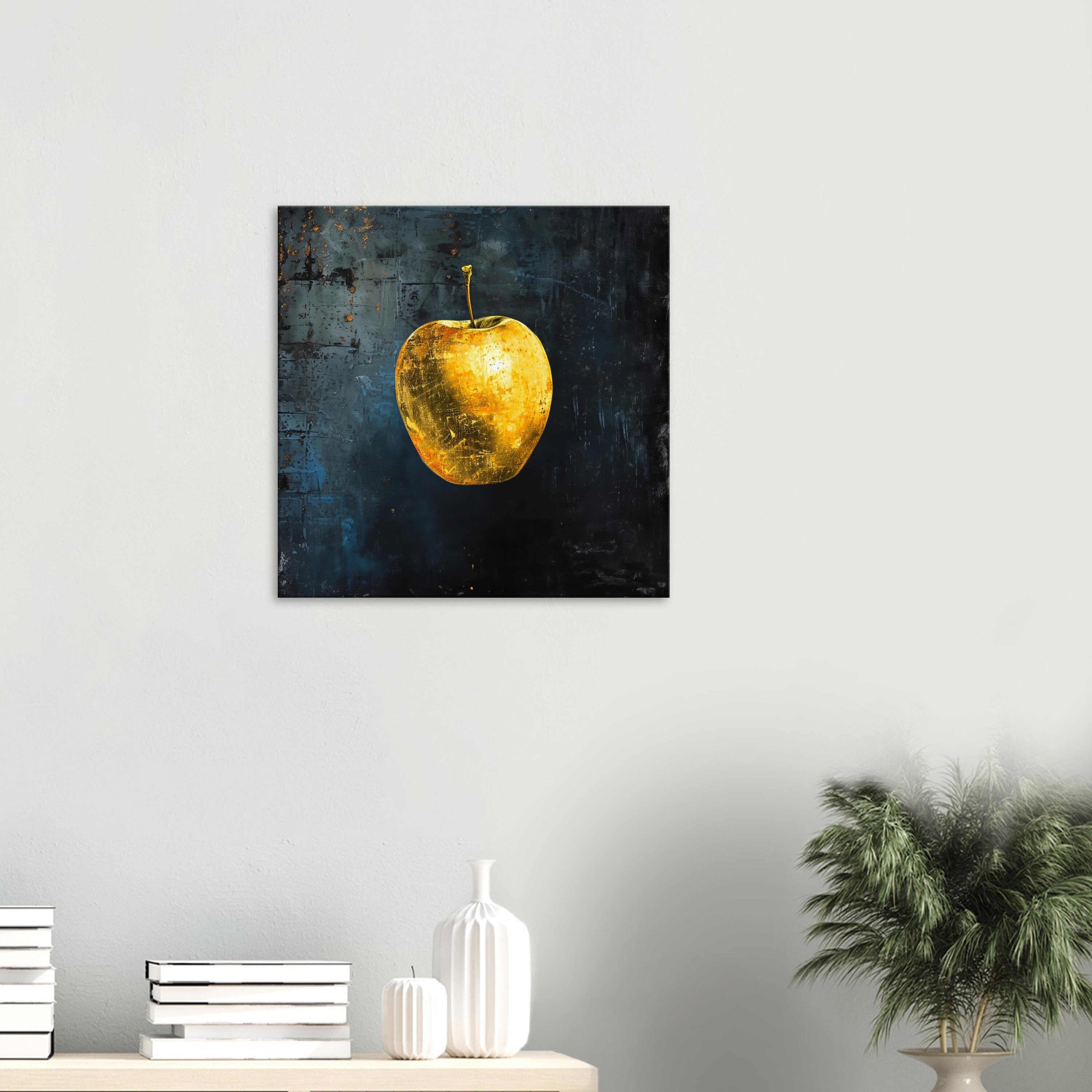 Golden Apple Art Print Blue Background Metallic Lustrous Fruit Decor ...