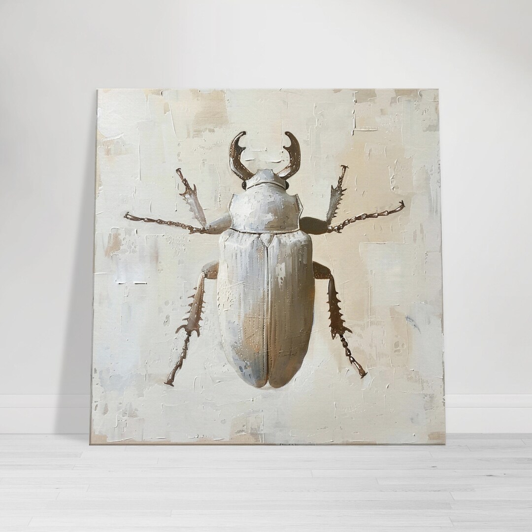 White Beetle Art Print, Abstract Insect Wall Art on Textured Beige ...
