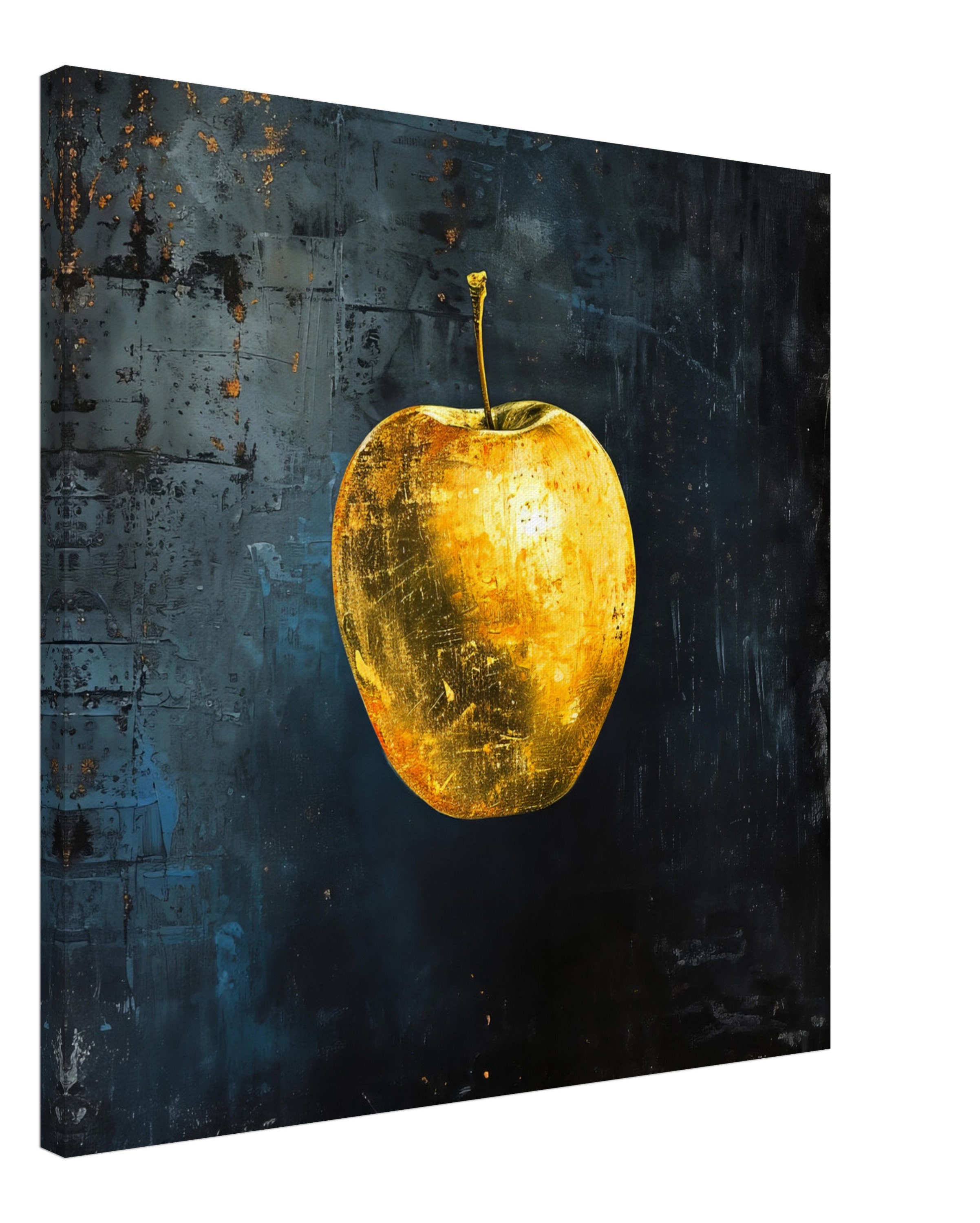 Golden Apple Art Print Blue Background Metallic Lustrous Fruit Decor ...