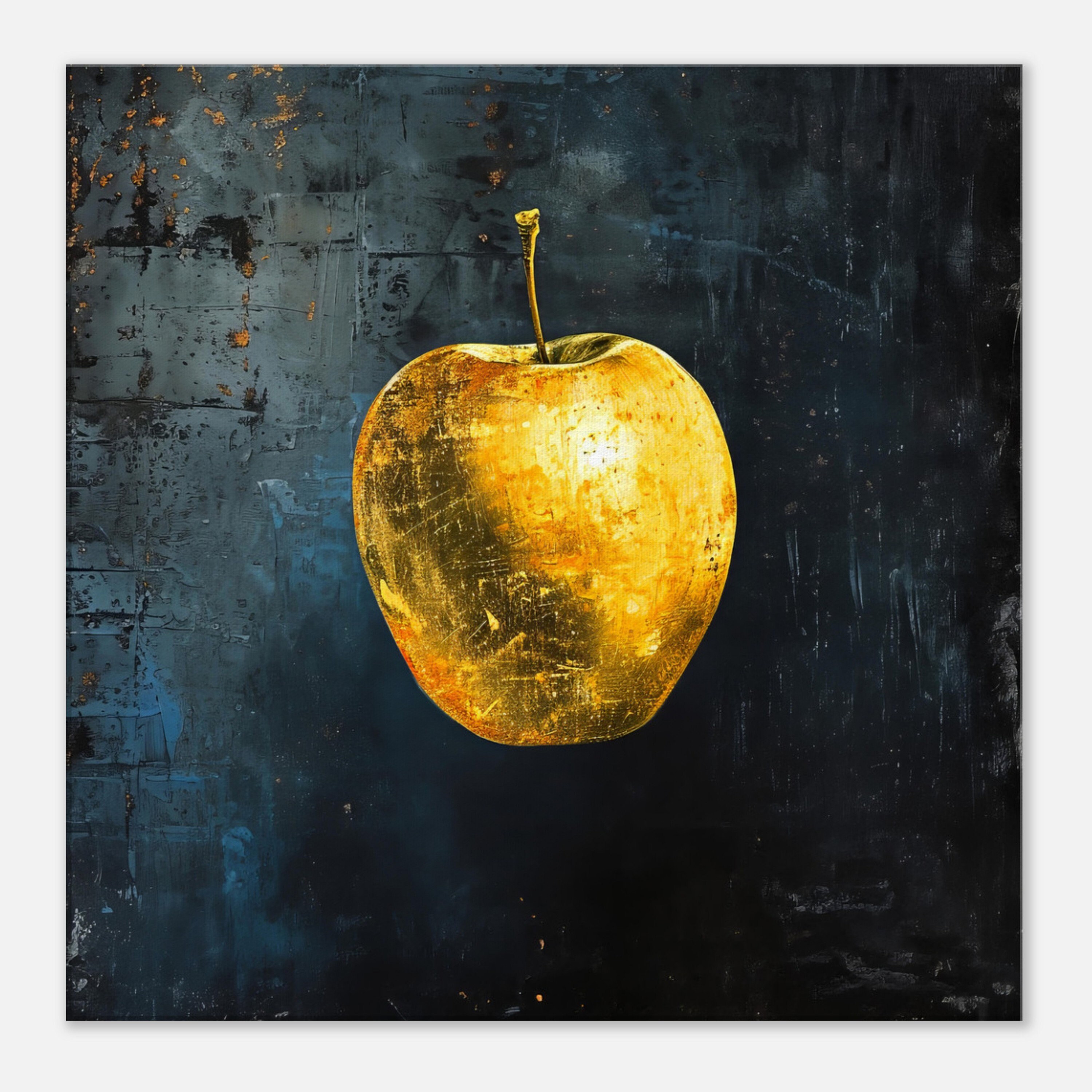 Golden Apple Art Print Blue Background Metallic Lustrous Fruit Decor ...