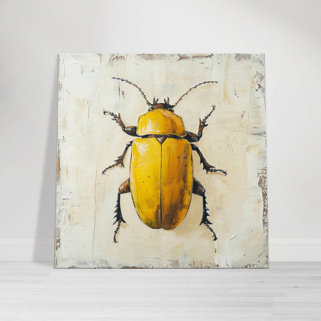 Yellow Beetle Art Print, Abstract Insect Wall Art on Textured White ...