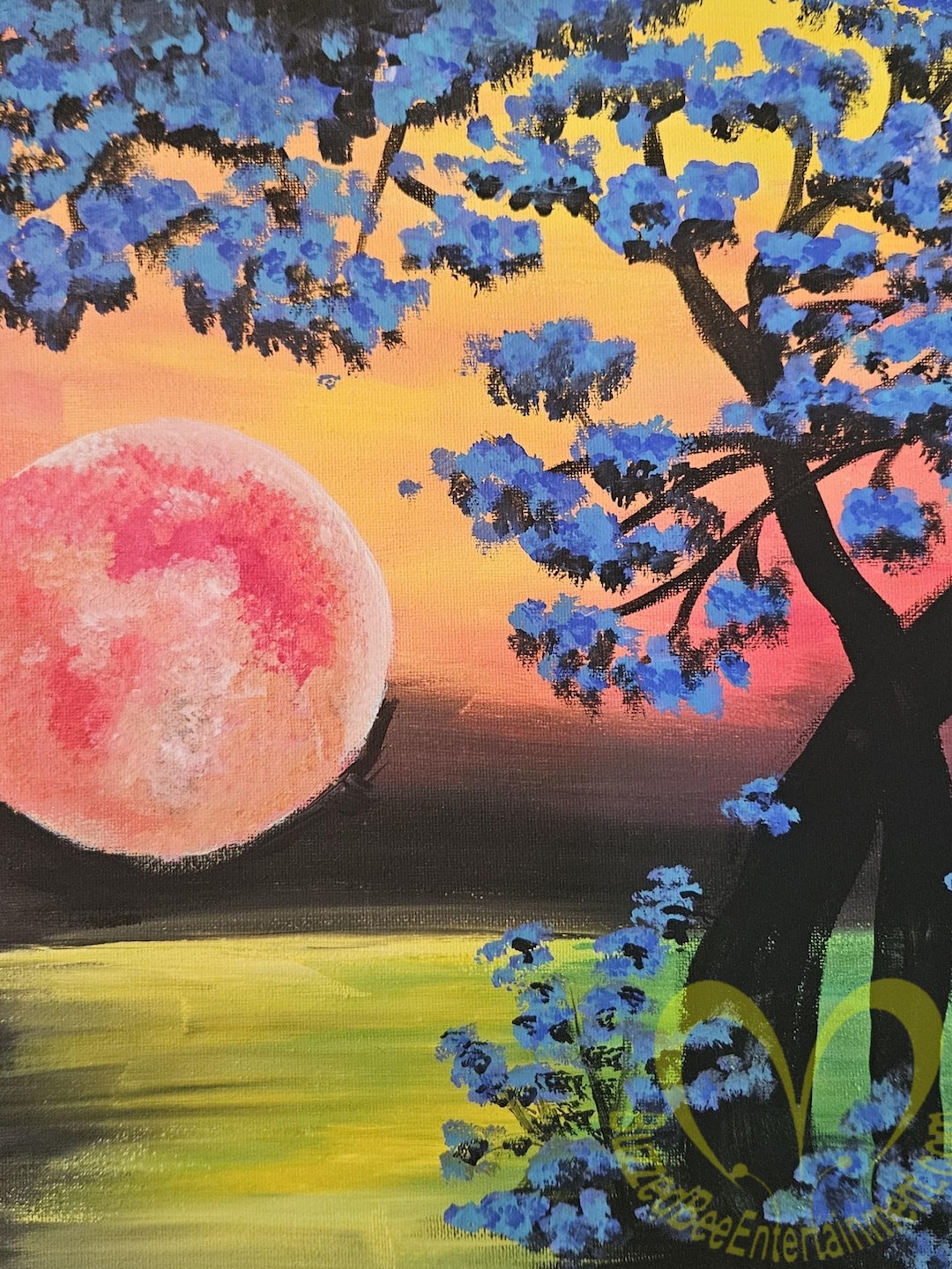 Blood Moon Over Water - Original Abstract Acrylic Painting on Stretched ...