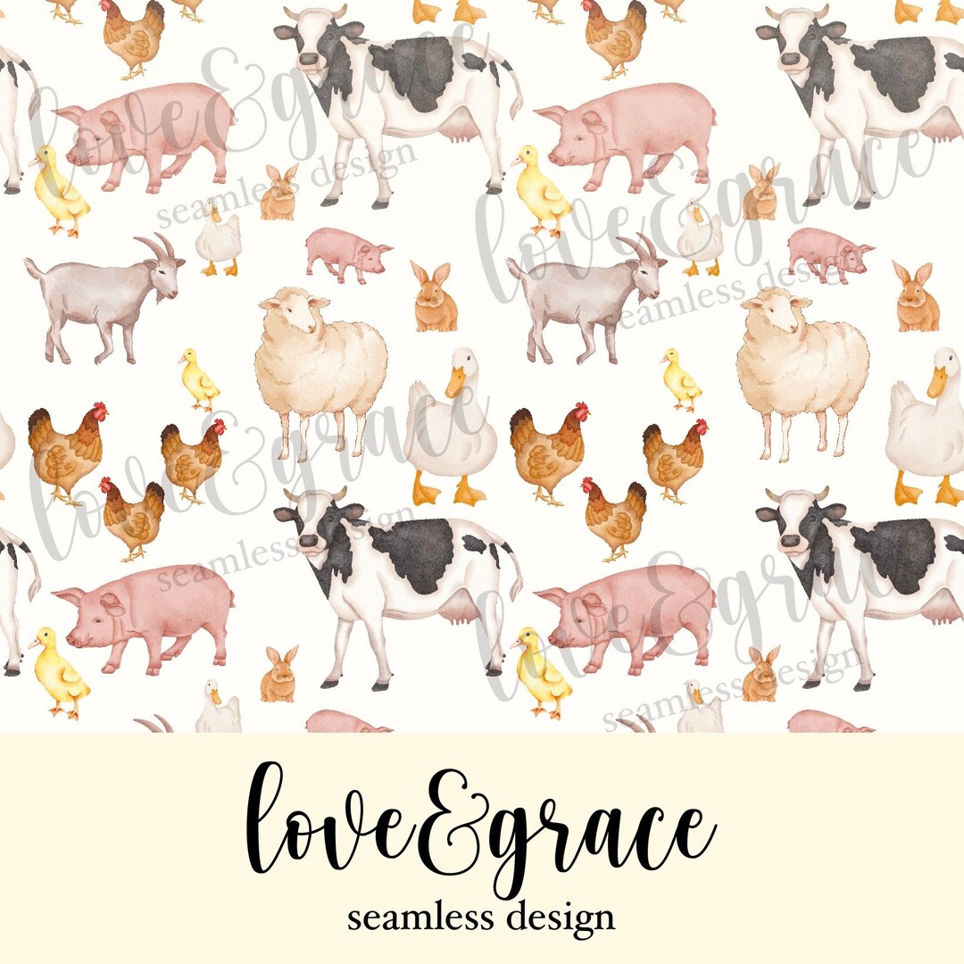Baby Cow Pig Sheep Farm Watercolour Seamless Pattern / Fabric / Digital ...