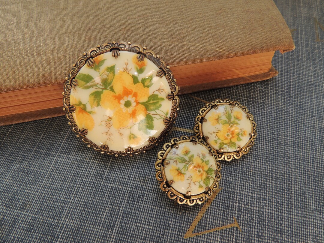 West Germany Vintage Victorian Yellow Floral Brooch and Earring Set ...