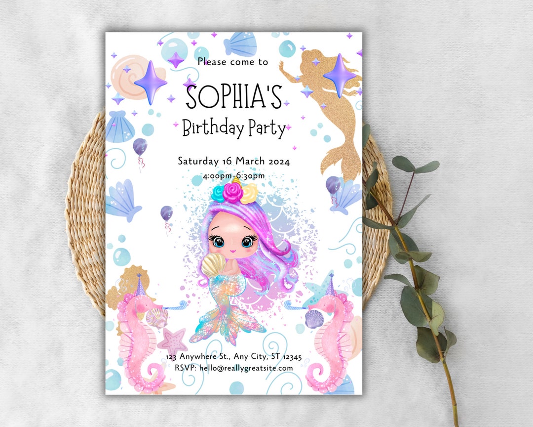 Editable Mermaid Birthday Card, Little Mermaid Birthday Invitation ...