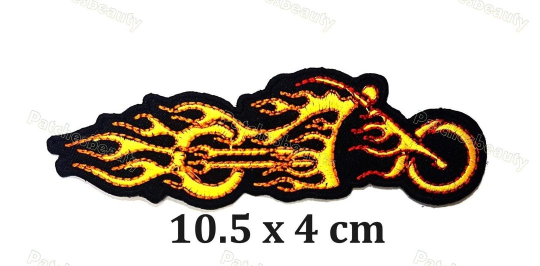 Flaming Chopper Fire Embroidered Iron Sew on Bikers Rockers Patch Badge ...