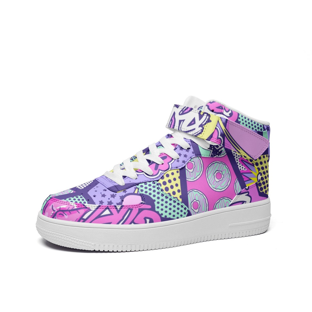 Women's Pink Cartoon Print High Top Leather Sneakers - Unisex Shoes - Etsy