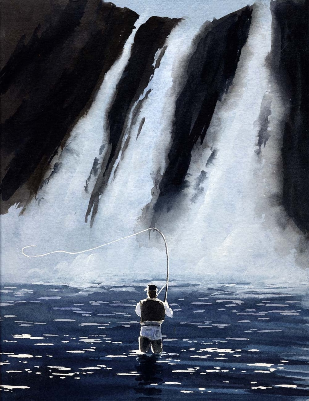 Fly Fishing Art Print DRY FLYING the FALLS by Artist D J - Etsy