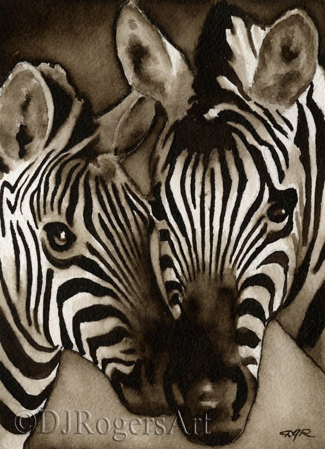 ZEBRAS Sepia Zebra Art Print by Watercolor Artist DJ Rogers - Etsy
