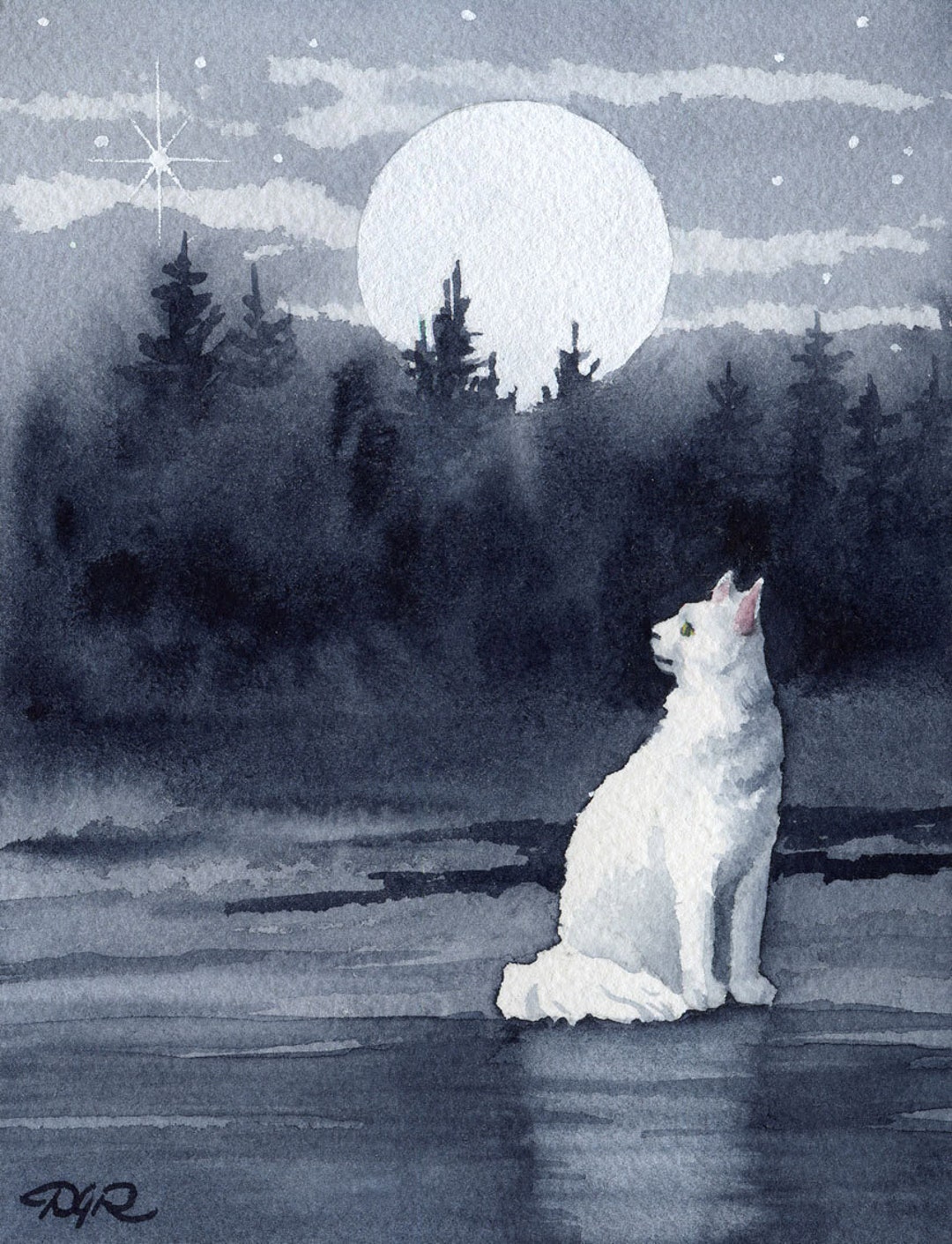 WHITE CAT MOON Watercolor Art Print by Artist D J Rogers - Etsy